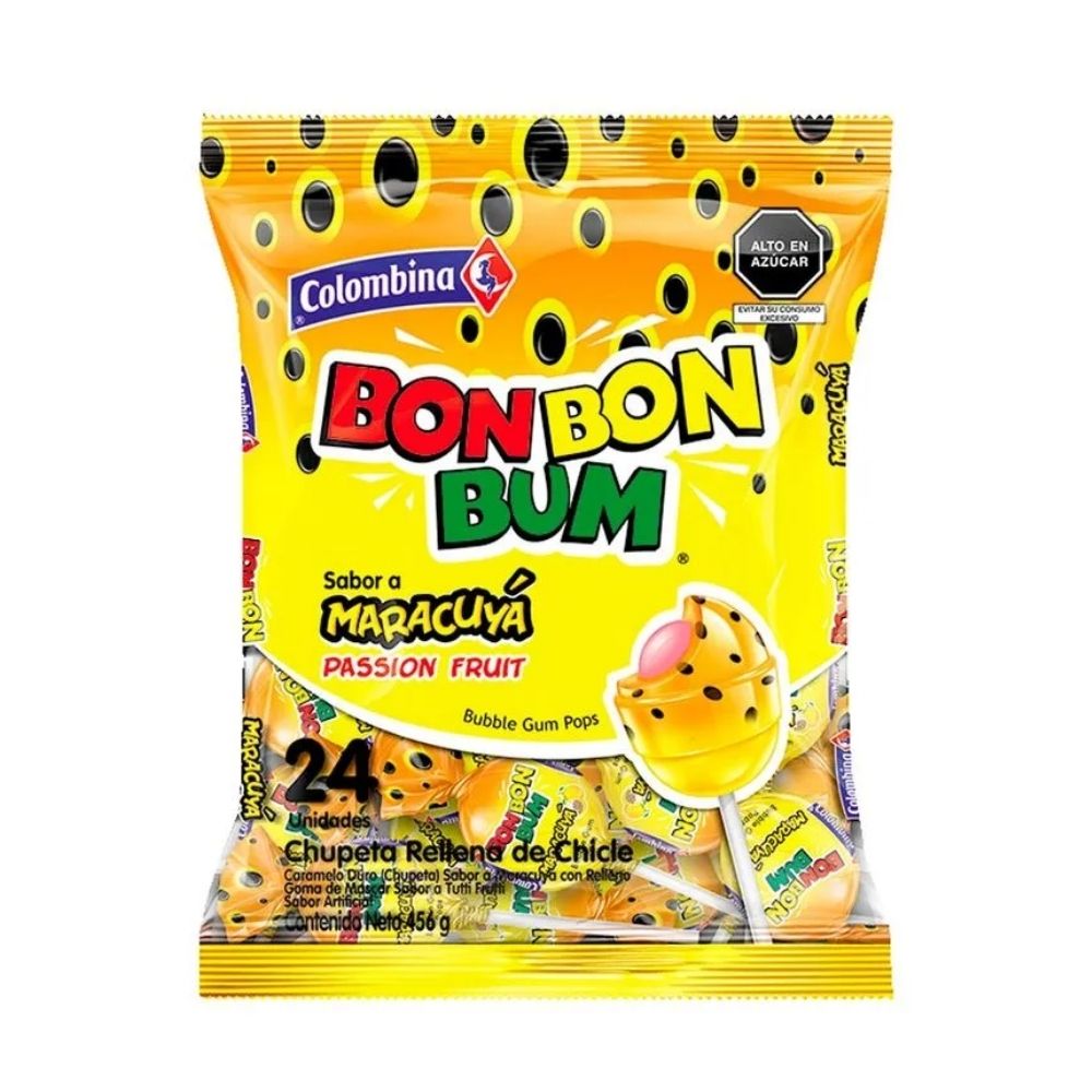 Chupetin BOM BOM BUM con Chicle sabor Maracuyá Bolsa 24u | Vega - vegaperu