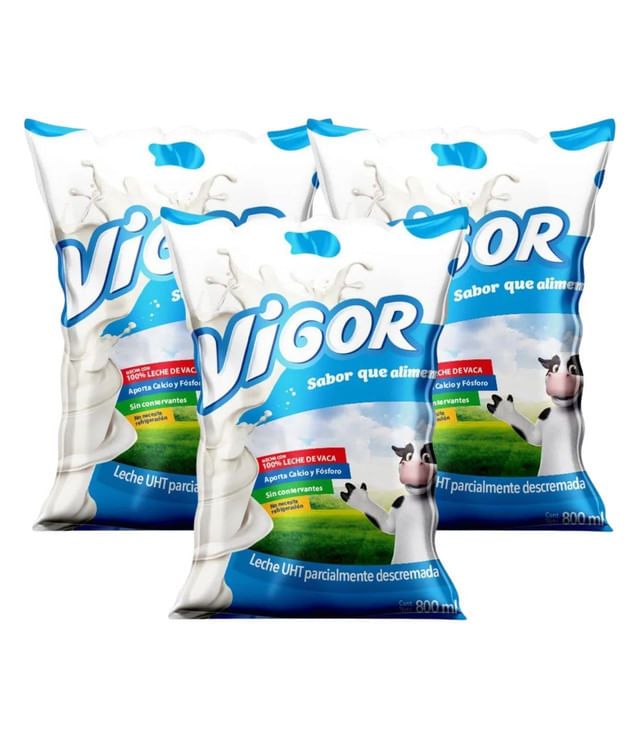 Leche UHT VIGOR Descremada Bolsa 800ml x3u| Vega - vegaperu